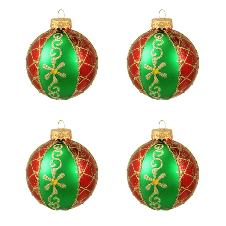 Northlight 4ct Shiny/Matte Red and Green Glittered Flower Glass Ball Christmas Ornaments 2.5 ...